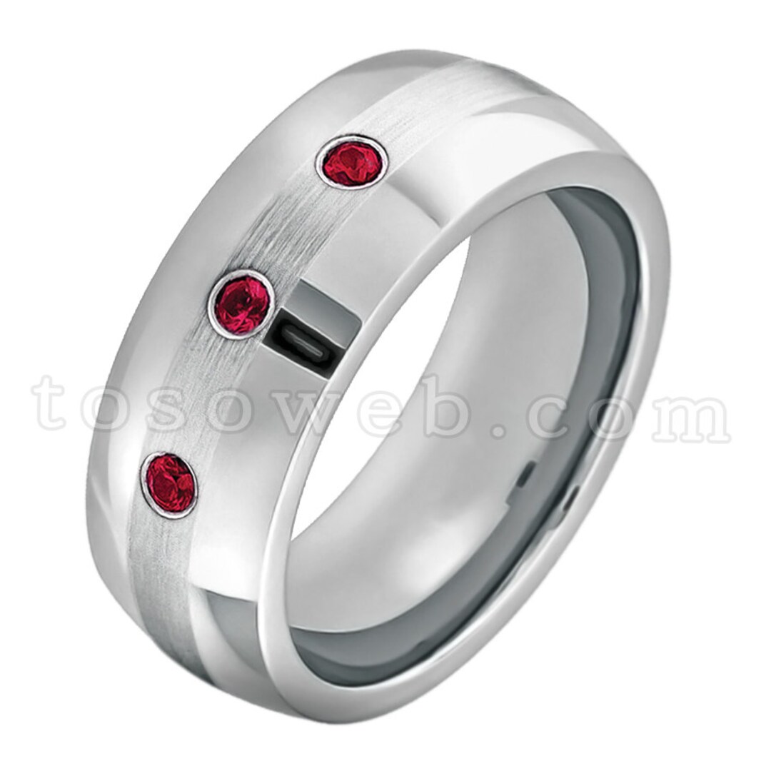 Men's Ruby Wedding Band, July Birthstone Ring, 8mm Brushed Center Pipe ...
