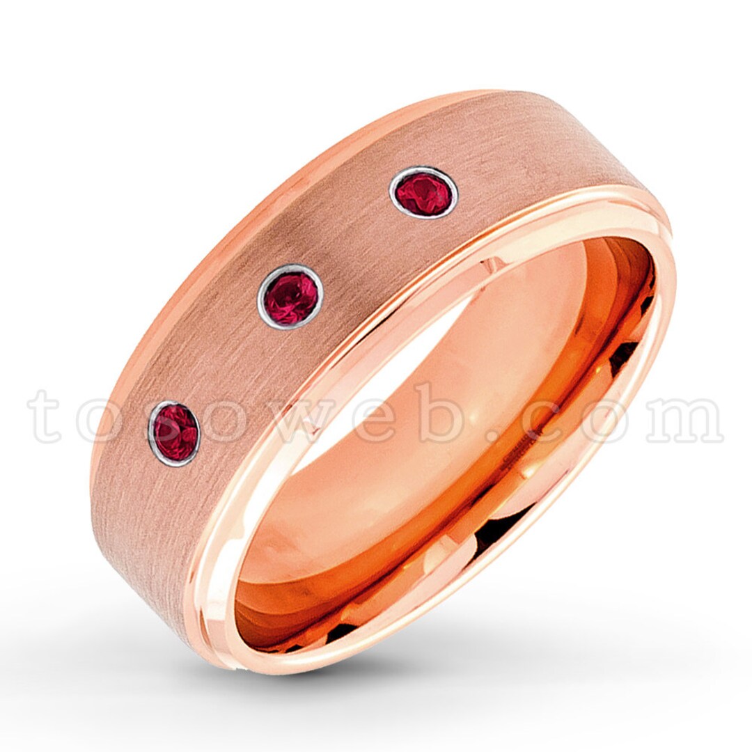 Men's Ruby Wedding Band, July Birthstone, 8mm Rose Gold Plated Beveled ...