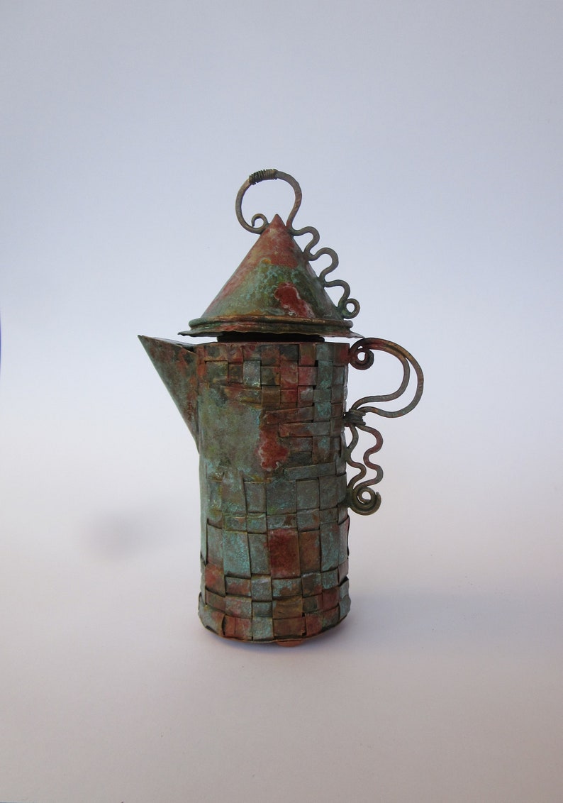Woven Copper Conehead Decorative Teapot With Green and Rust Patina - Etsy