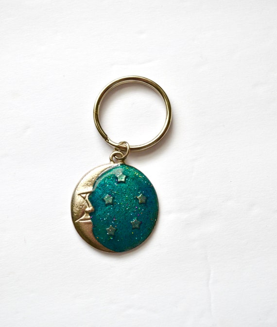 Vintage Half-Moon Blue/Teal Sparkle Keychain - Gem