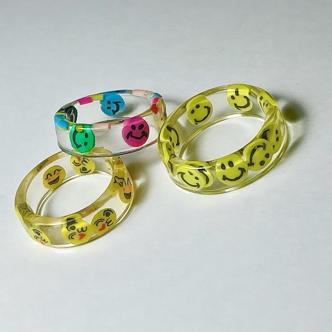 Retro Kawaii Y2k Smiley Face Patterned Clear Plastic Resin Statement ...