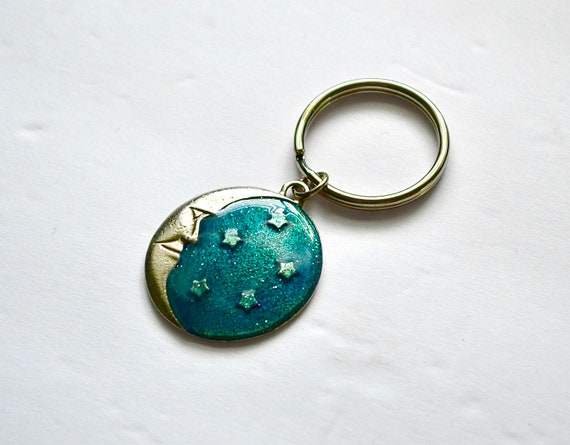 Vintage Half-Moon Blue/Teal Sparkle Keychain - Gem