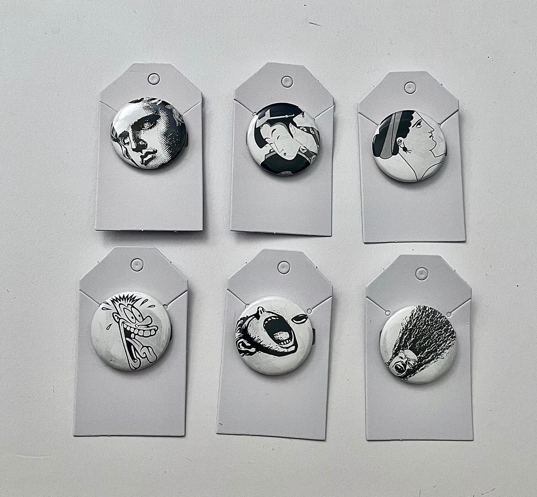 Fine Line Character Faces Illustration 1.25” Black & White Button Badge ...