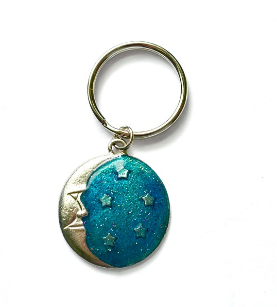 Vintage Half-Moon Blue/Teal Sparkle Keychain - Gem