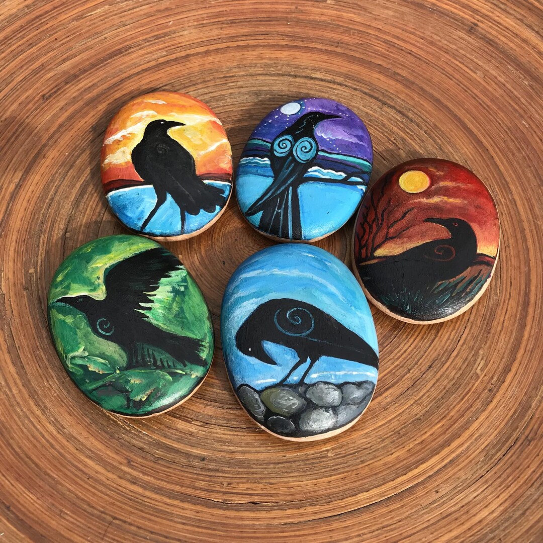 Wooden Spirit Stone: Crow - 5 Unique Hand Painted Designs - Etsy
