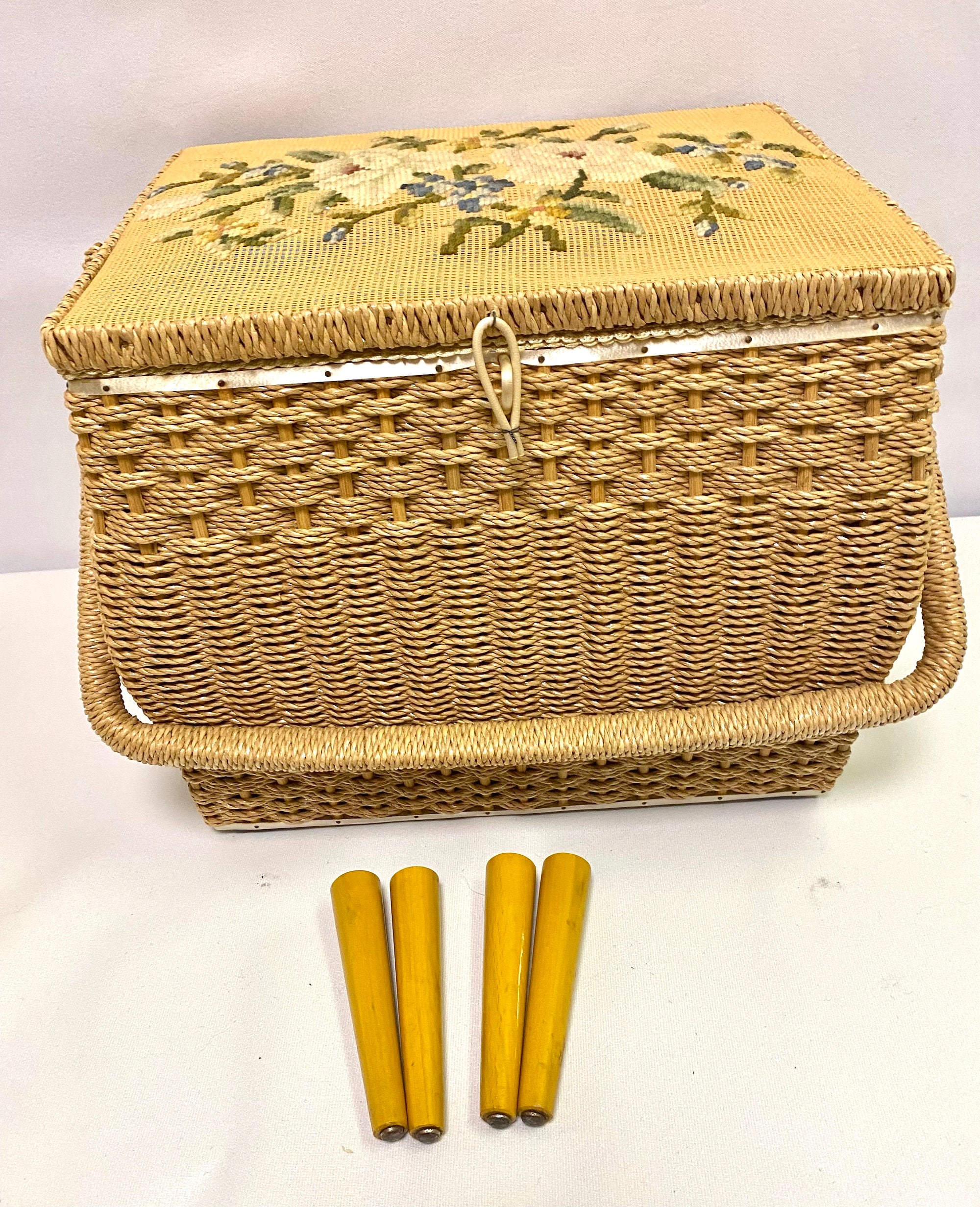 Vintage Sewing Basket With Legs and Tapestry Top - Etsy