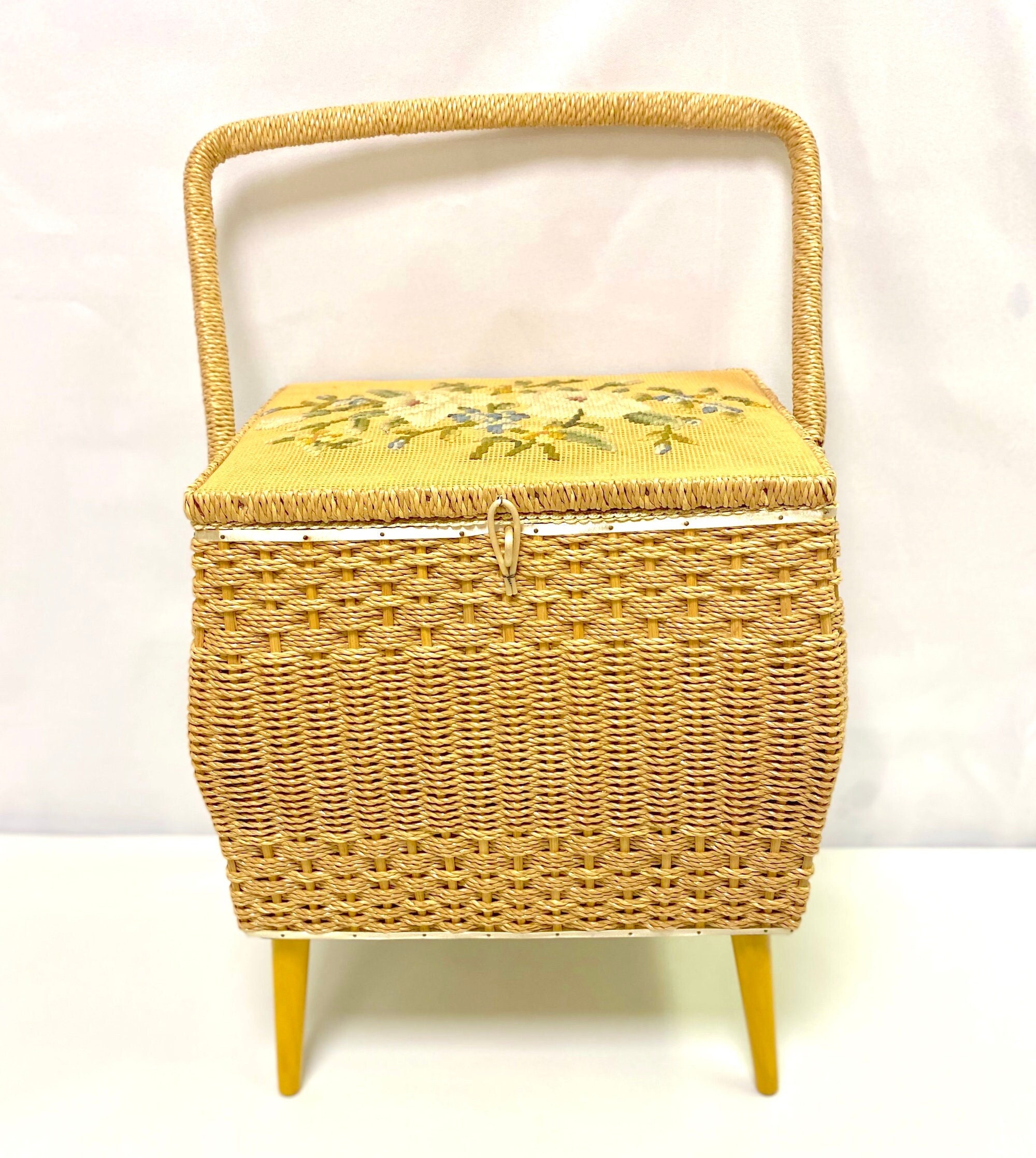Vintage Sewing Basket With Legs and Tapestry Top - Etsy