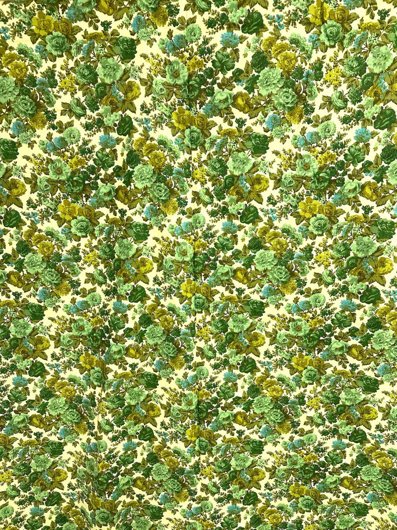 Vintage Floral Fabric: Green & Blue Roses on Cream - 3 Yards - Etsy
