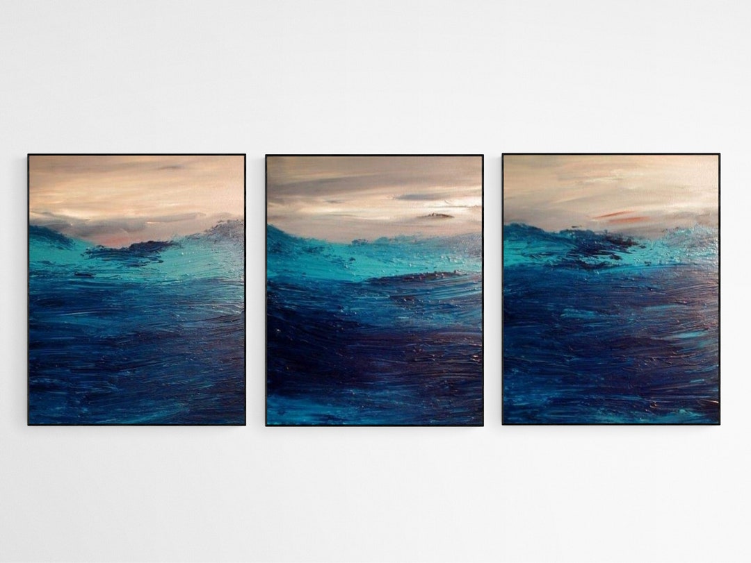 Large 3D Large Seascape Triptych, Set of 3 Original Modern Paintings ...
