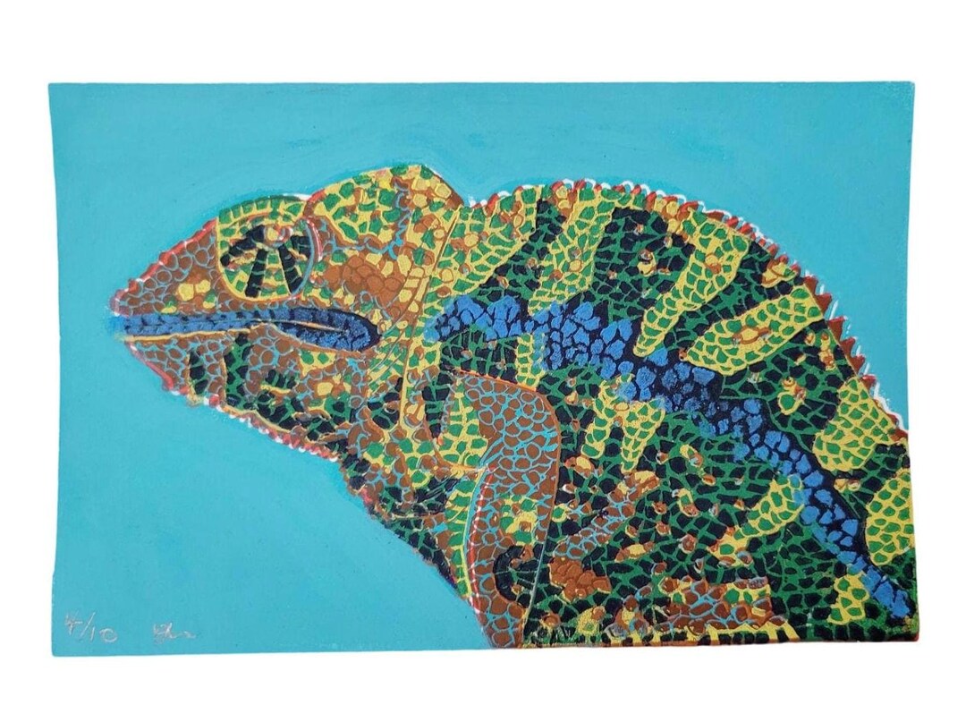 Chameleon Lino Print. Chameleon Art Print. Reptile Decor. Colorful Wall ...