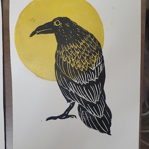 Raven Lino Print. Crow Linoprint. Raven Print. Raven and Moon Lino ...