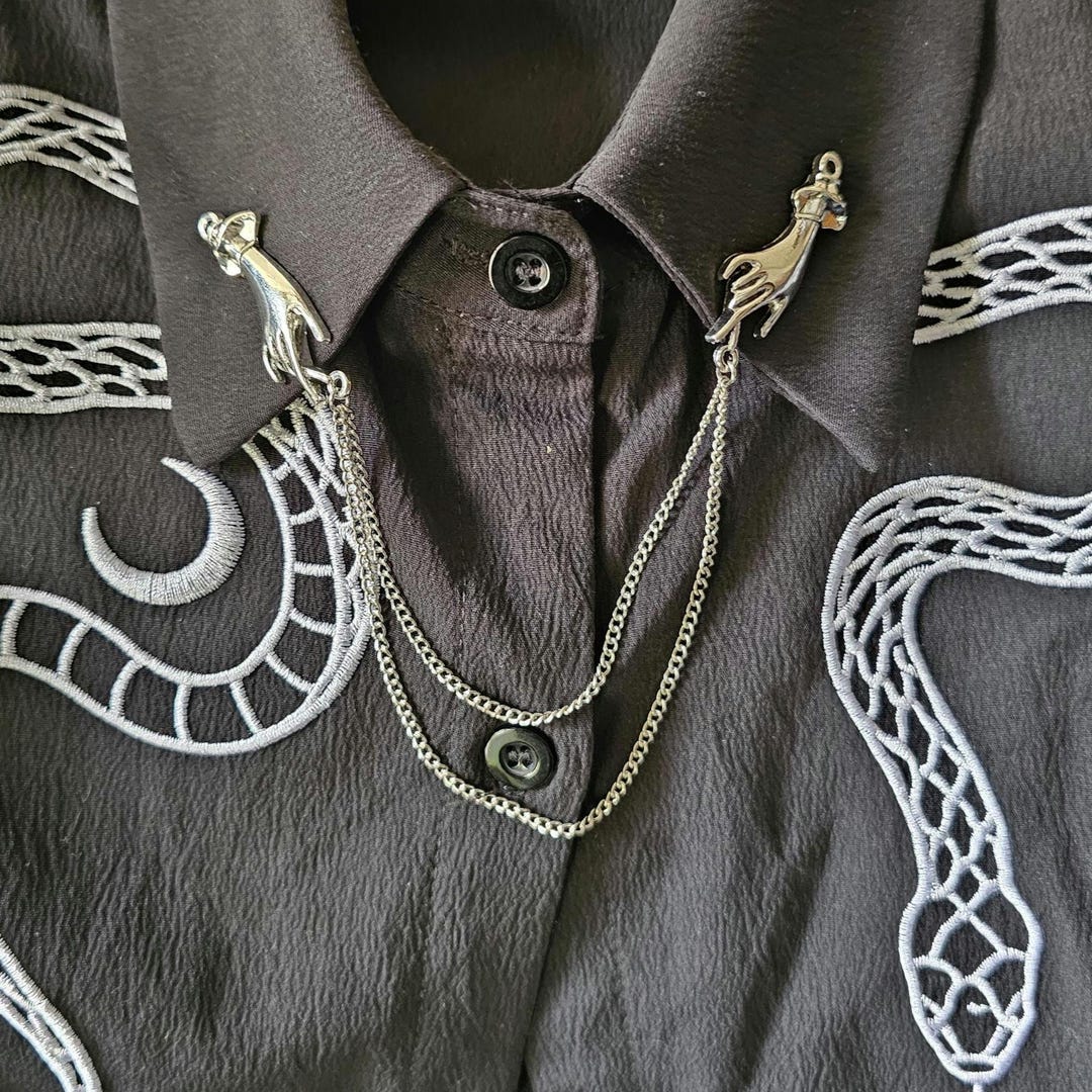 Victorian Hands Collar Pin Double Chain. Silver Collar Chain. Collar ...