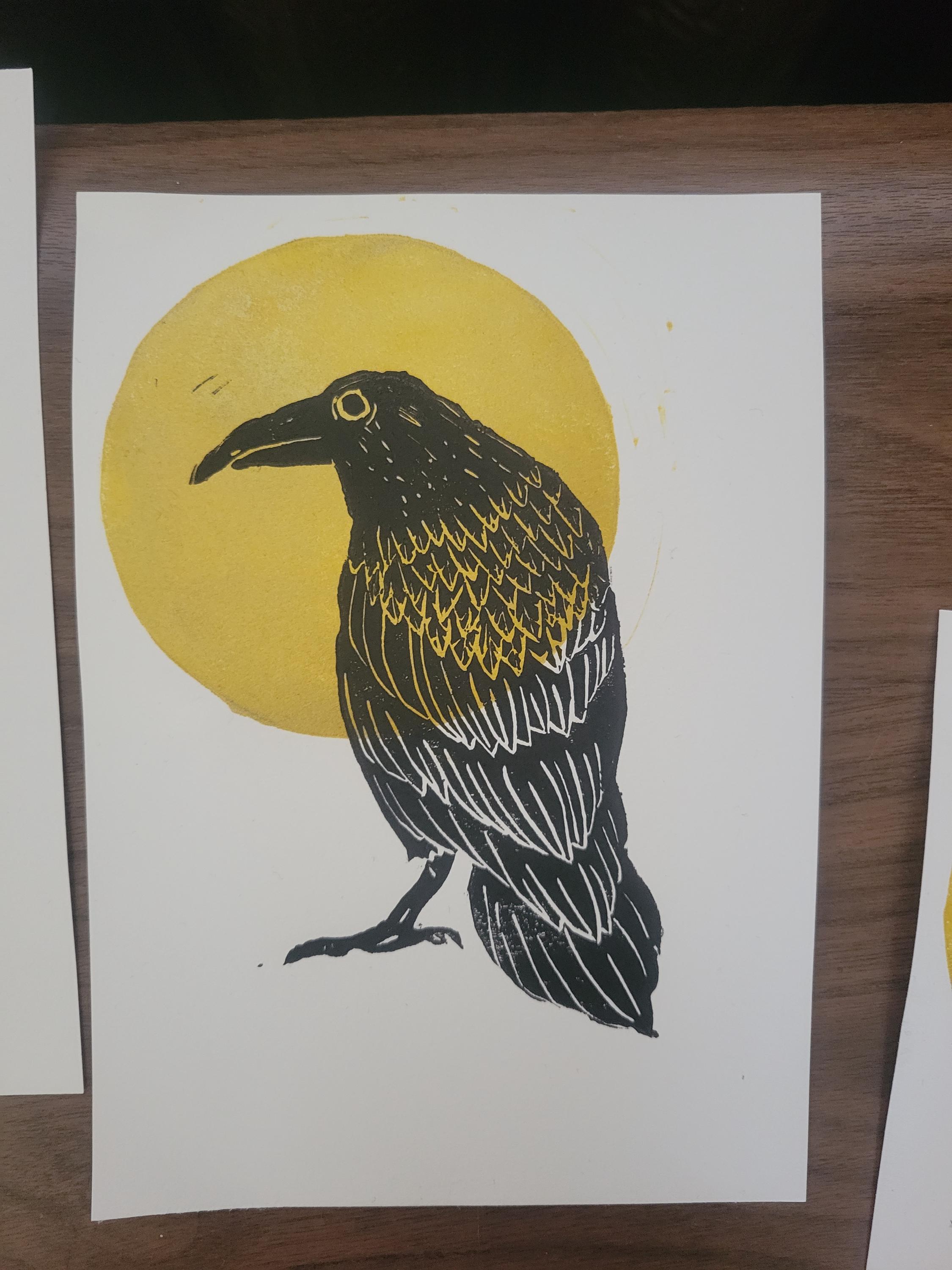 Raven Lino Print. Crow Linoprint. Raven Print. Raven and Moon Lino ...