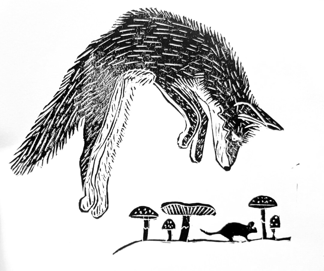 Handmade Fox Linocut Print: Jumping Fox, Mouse, Mushrooms (5x7) - Etsy