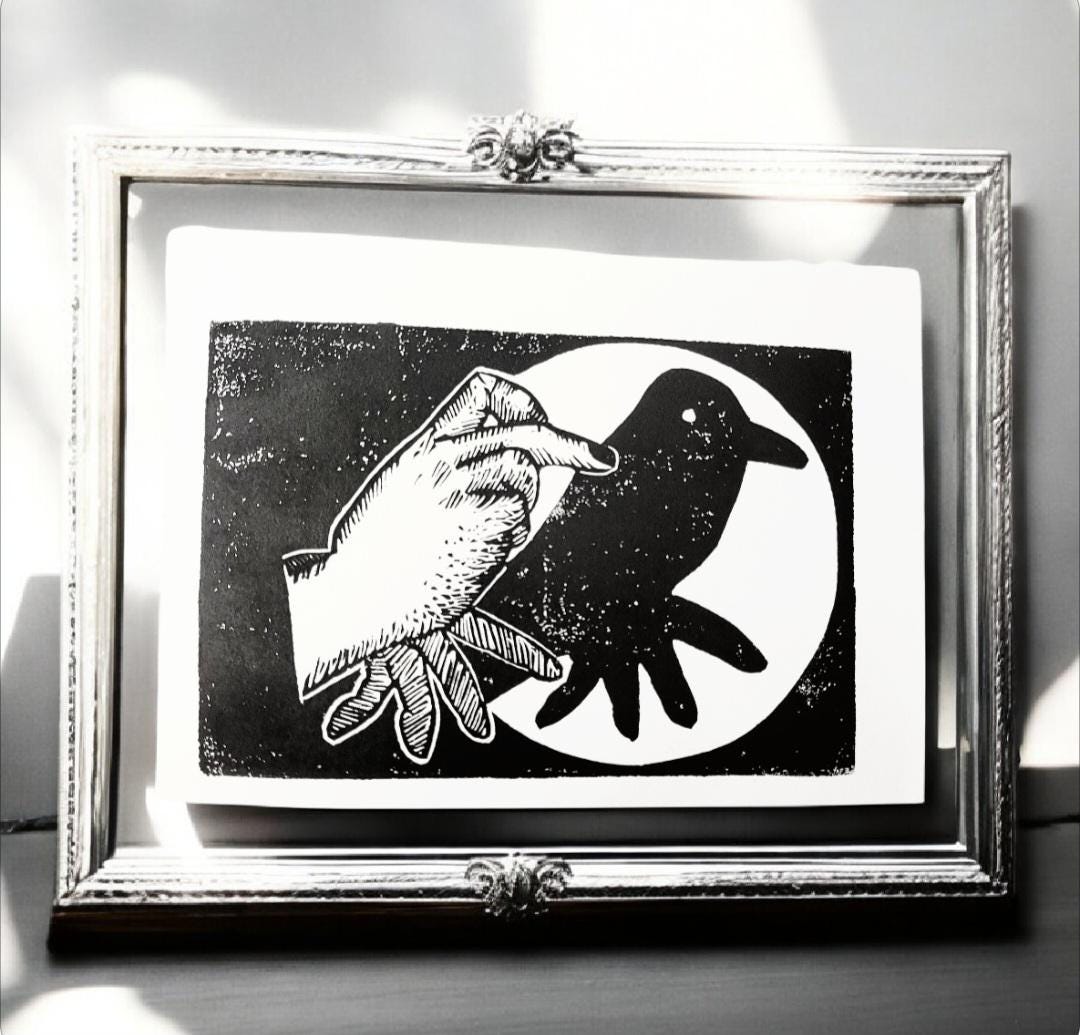 Crow Shadow Puppet Lino Cut Print. Crow Art. Handmade Gothic Wall Decor ...