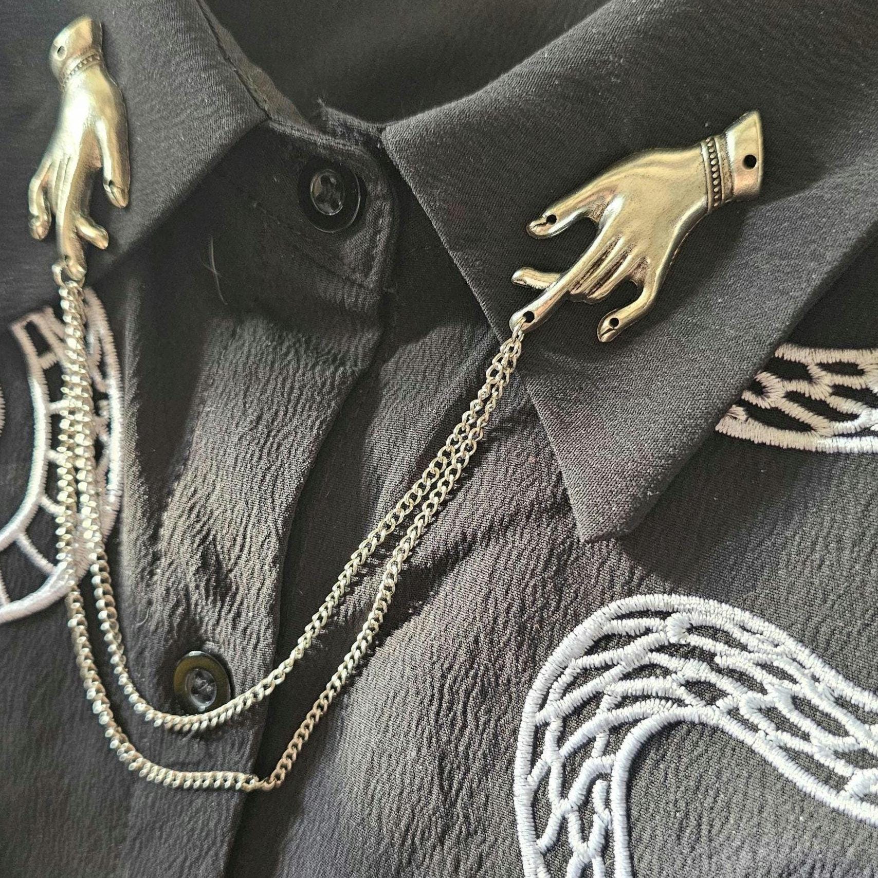 Victorian Hands Collar Pin Double Chain. Silver Collar Chain. Collar ...
