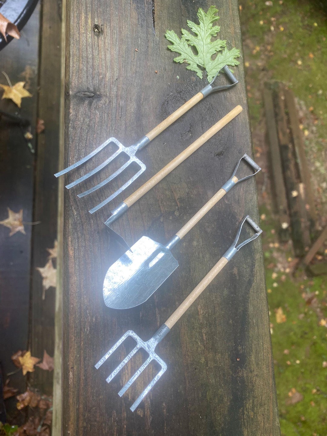 Set of 4 Galvanized Fairy Garden Tools, Tin Shovel, Hoe, 2 Pitchforks ...