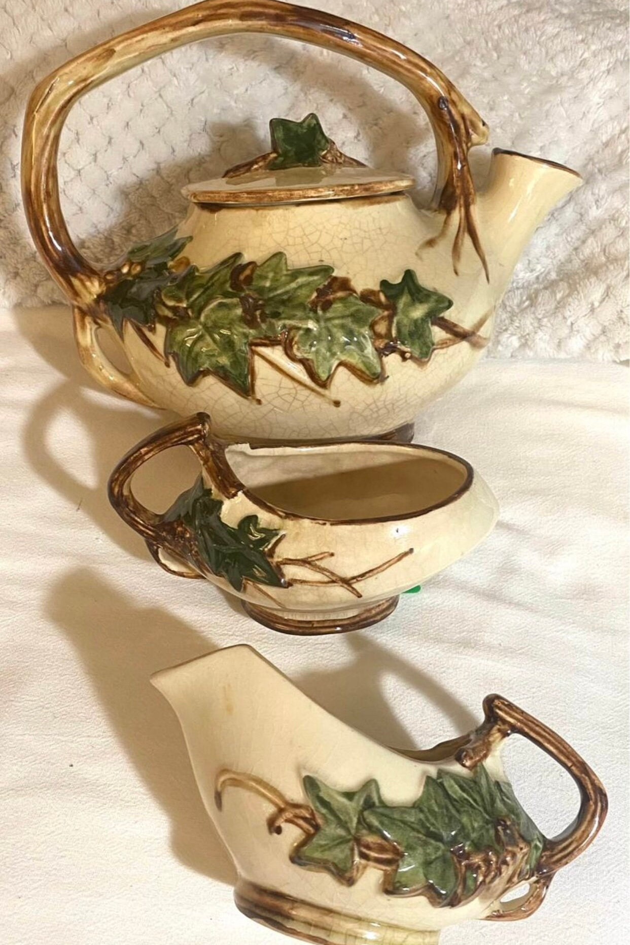 Vintage Mccoy Ivy Teapot Creamer and Sugar With Branch Handles/ Tea Set ...