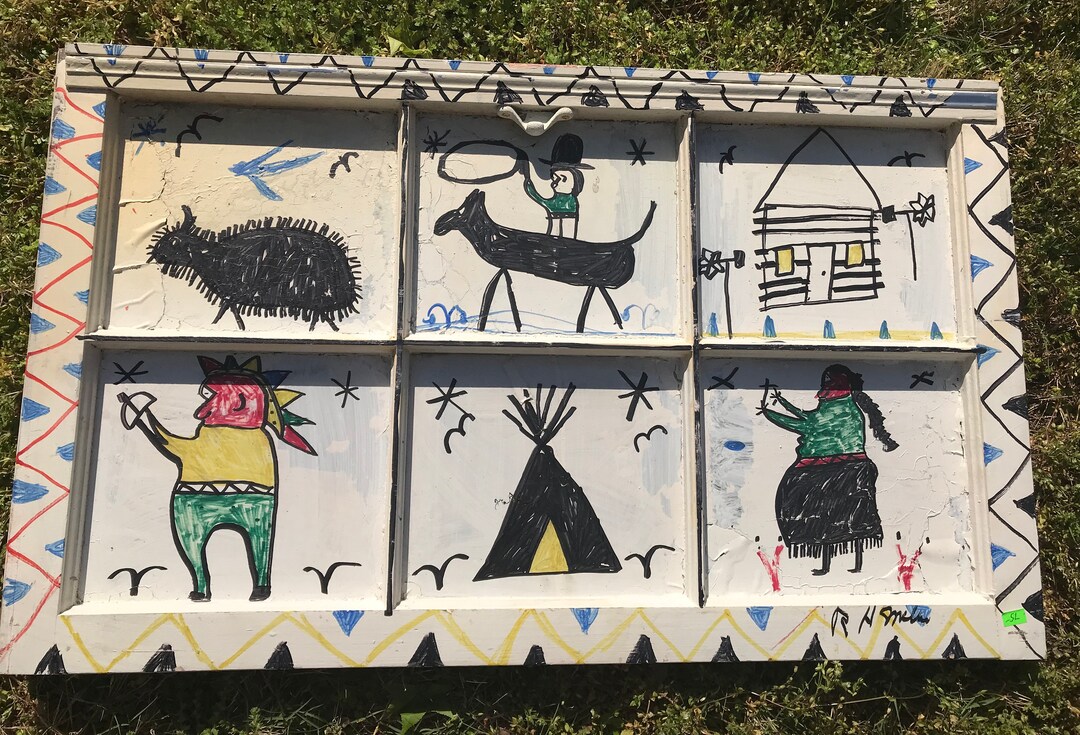 Vintage R.A. Miller Folk Art Painting: Cowboys and Indians on Window - Etsy