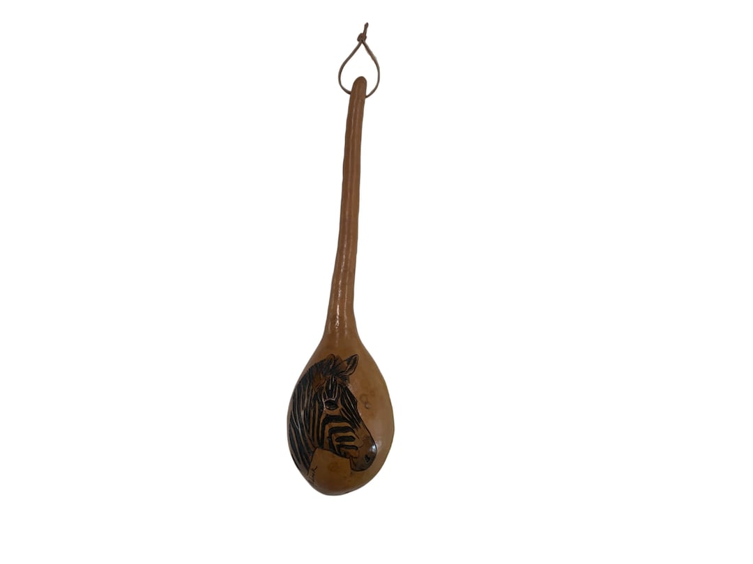 Gourd Calabash Ladle Hand Carved Zebra Head and Leather Holder Strap ...