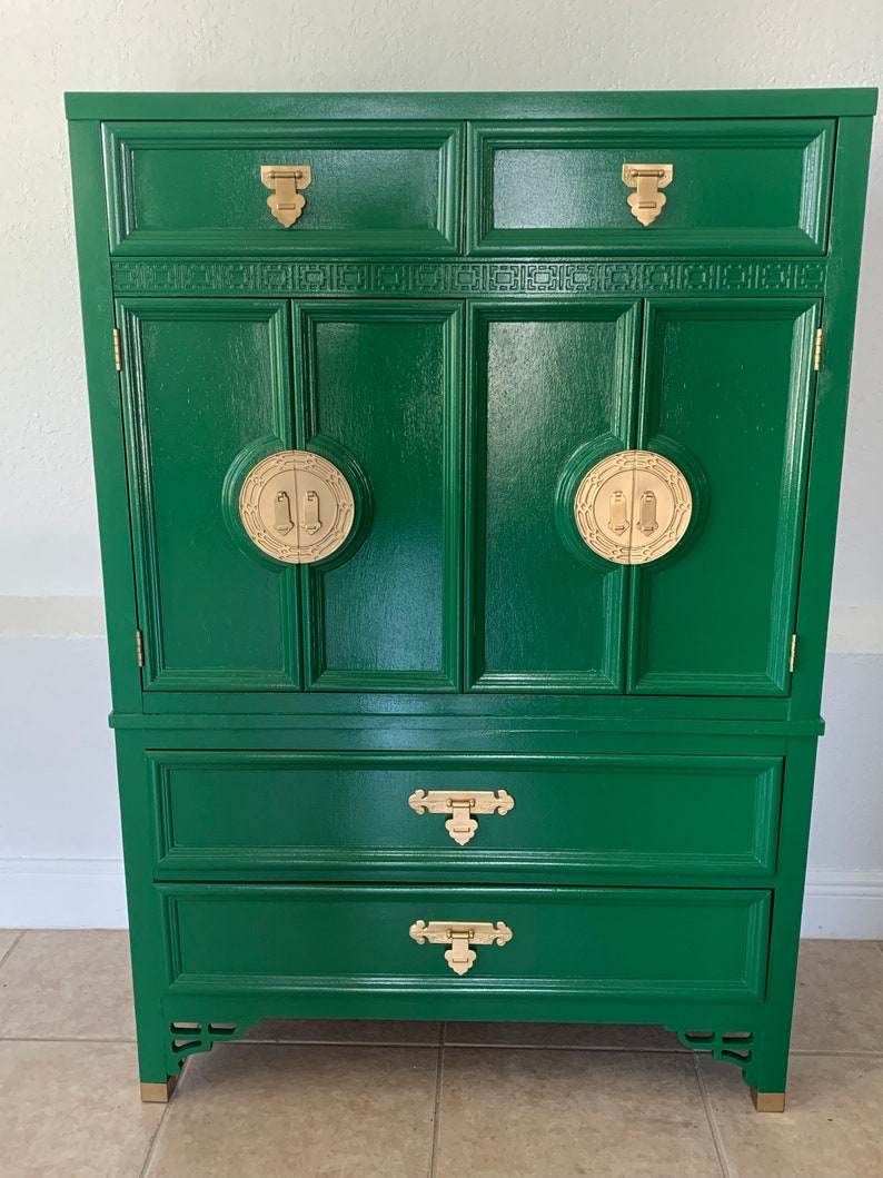 Dixie Shangri La Fretwork Four Drawer Door Chest Armoire Green Vintage ...