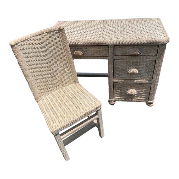 Wicker and Wood White Washed Desk and Chair Etsy Canada