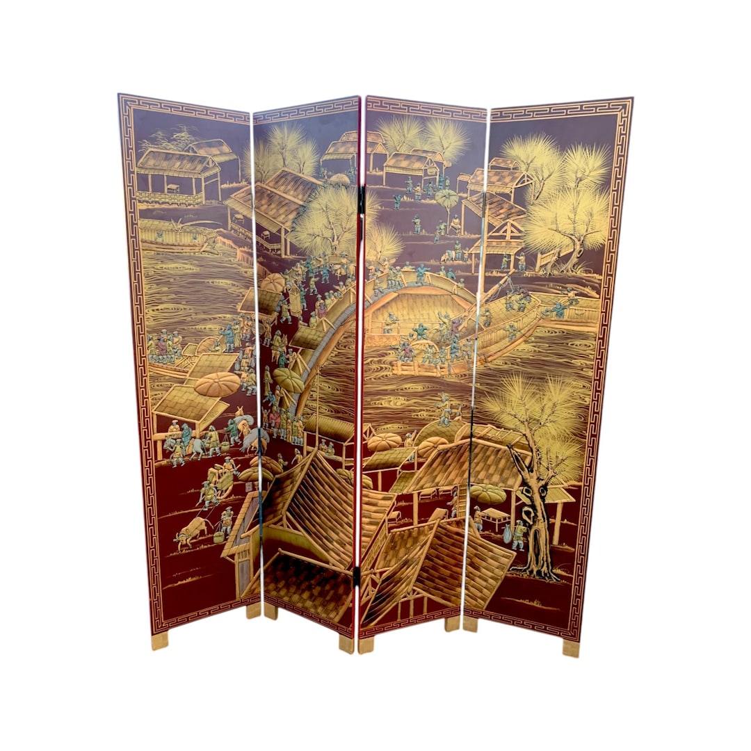 Ancient Chinese City Life Red Lacquered Room Divider Screen - Etsy