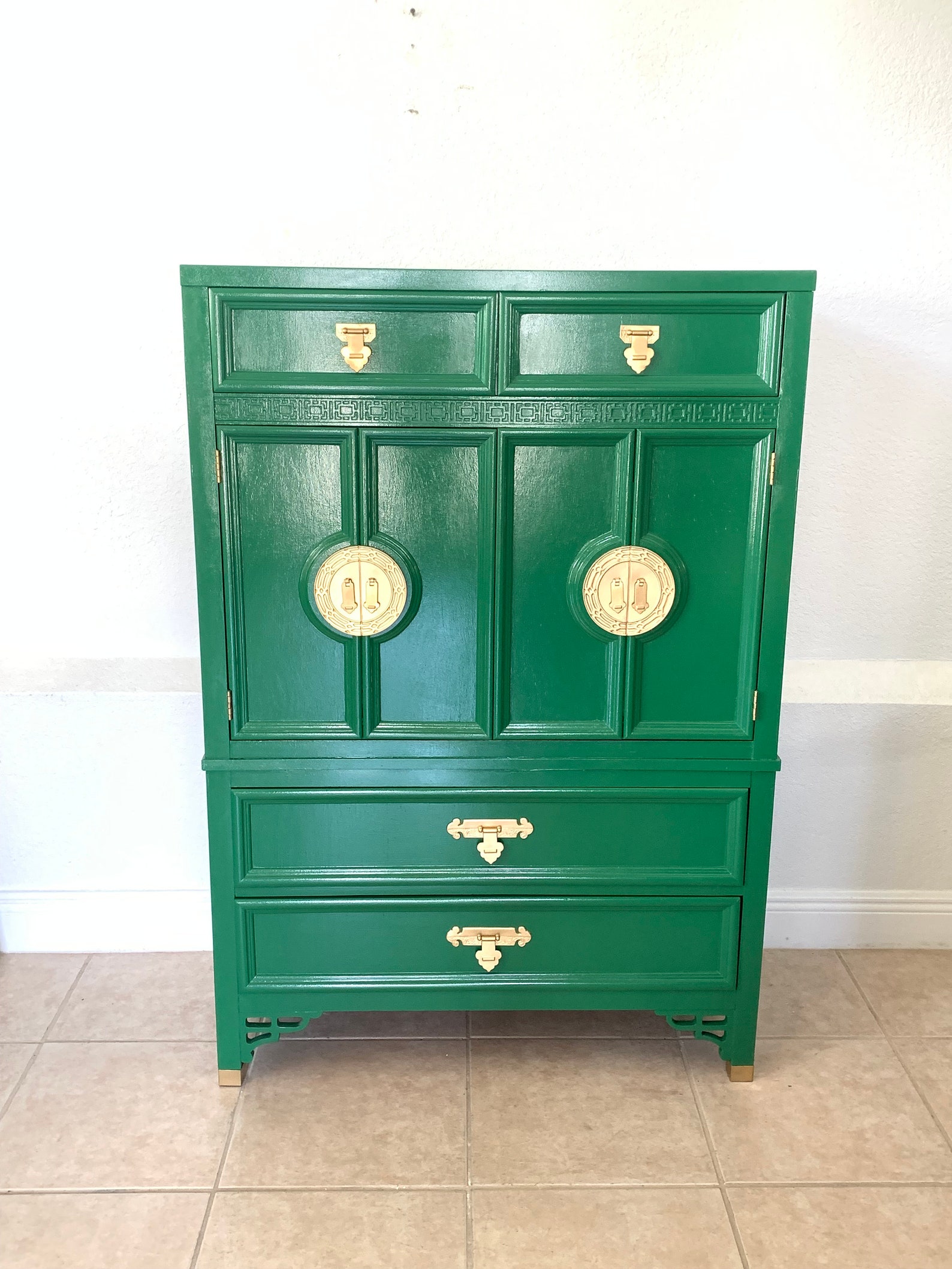 Dixie Shangri La Fretwork Four Drawer Door Chest Armoire Green Vintage ...