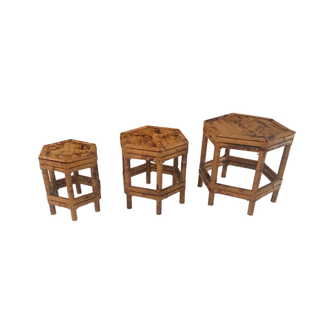 Vintage Tortoise Shell Burnt Bamboo Plant Stands Hexagon Stackable Lot ...
