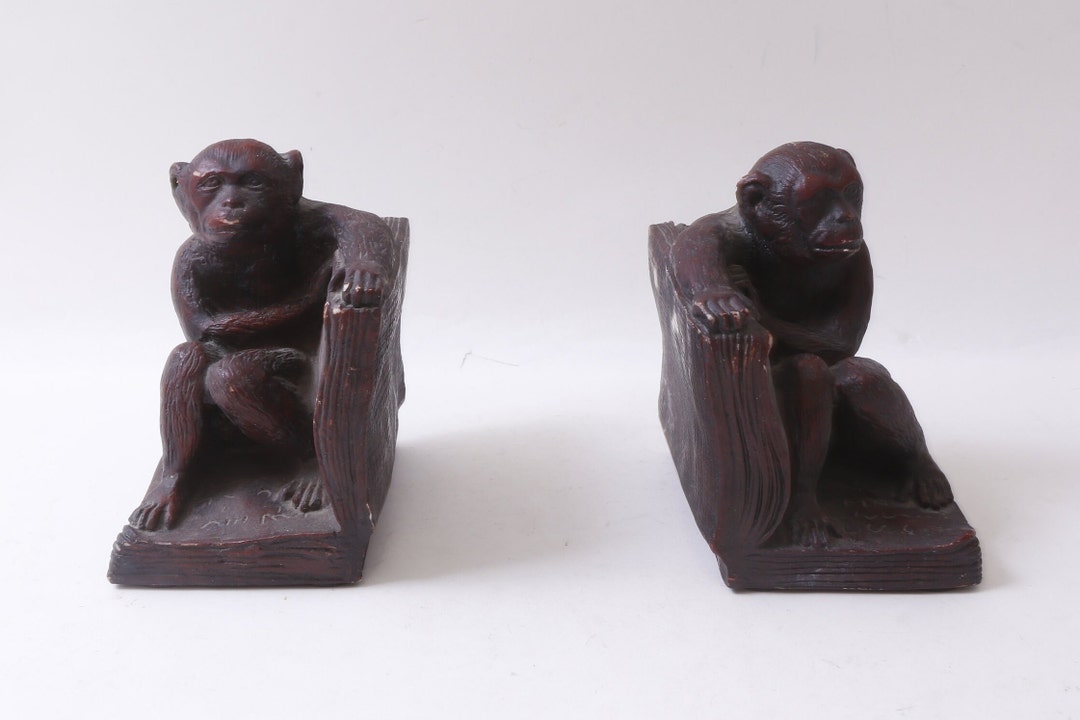 Two Monkeys Sitting on the Books, Bookends, Brown, 5" High, Book Ends ...