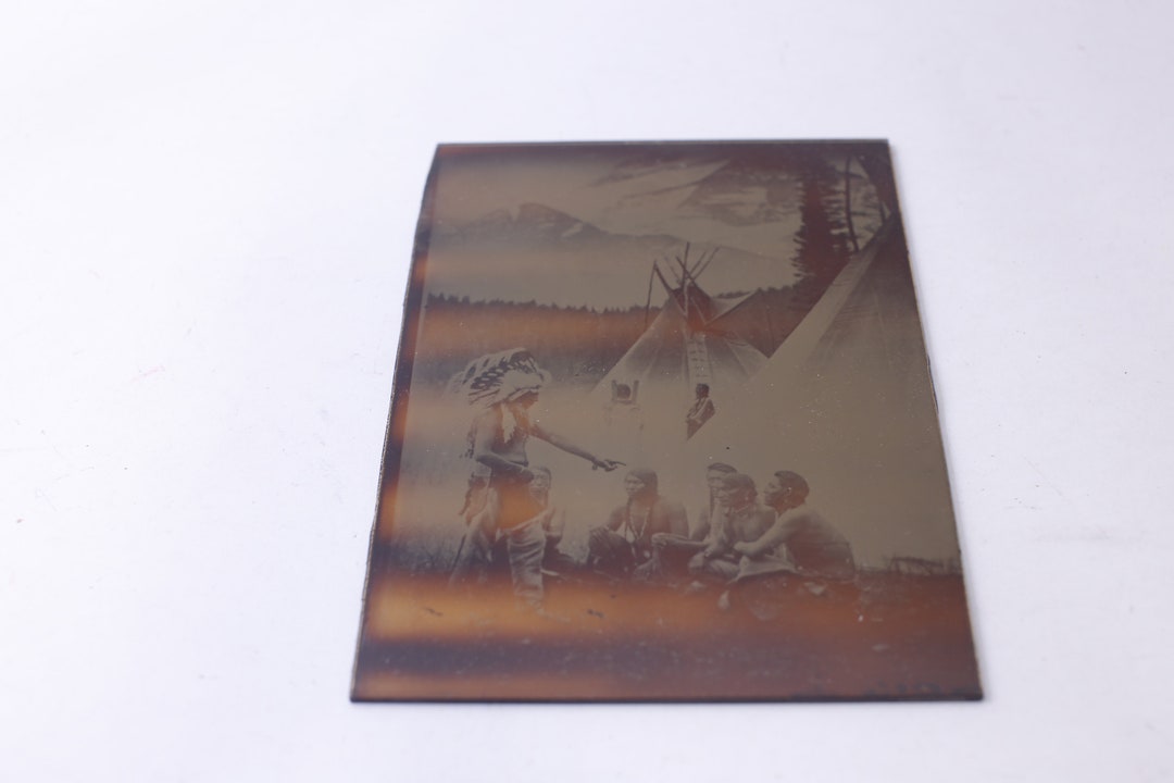 Native American Chief With His Tribe, Glass Plate Positive, Historic ...