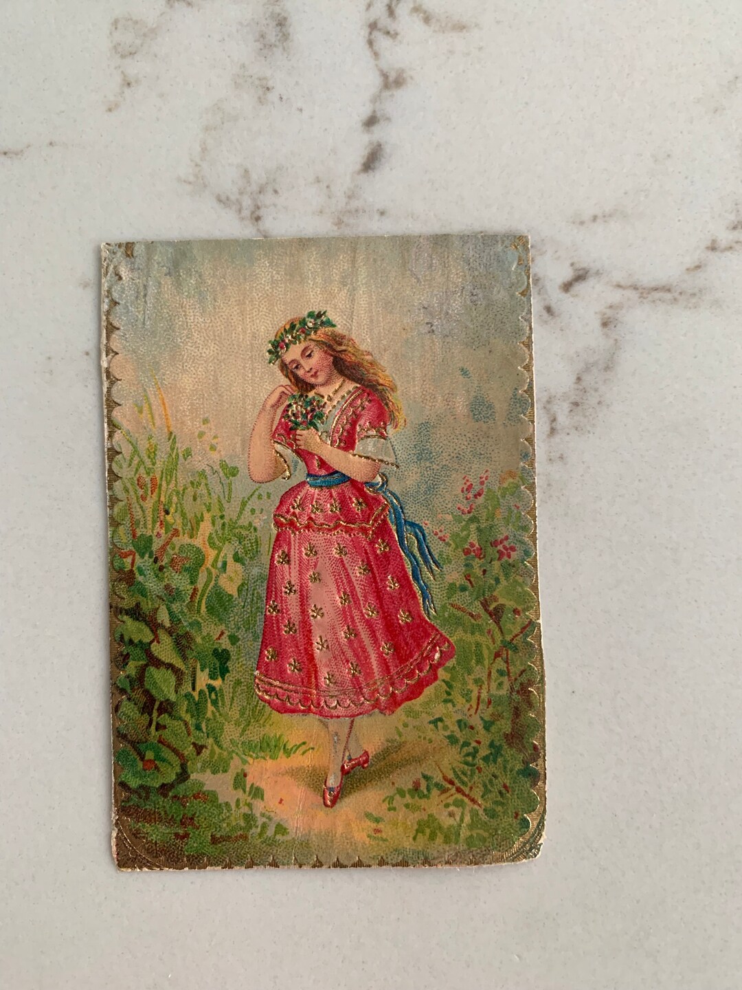 Girl With Flowers Wearing a Wreath, Victorian, Trade Card, 1880s ...