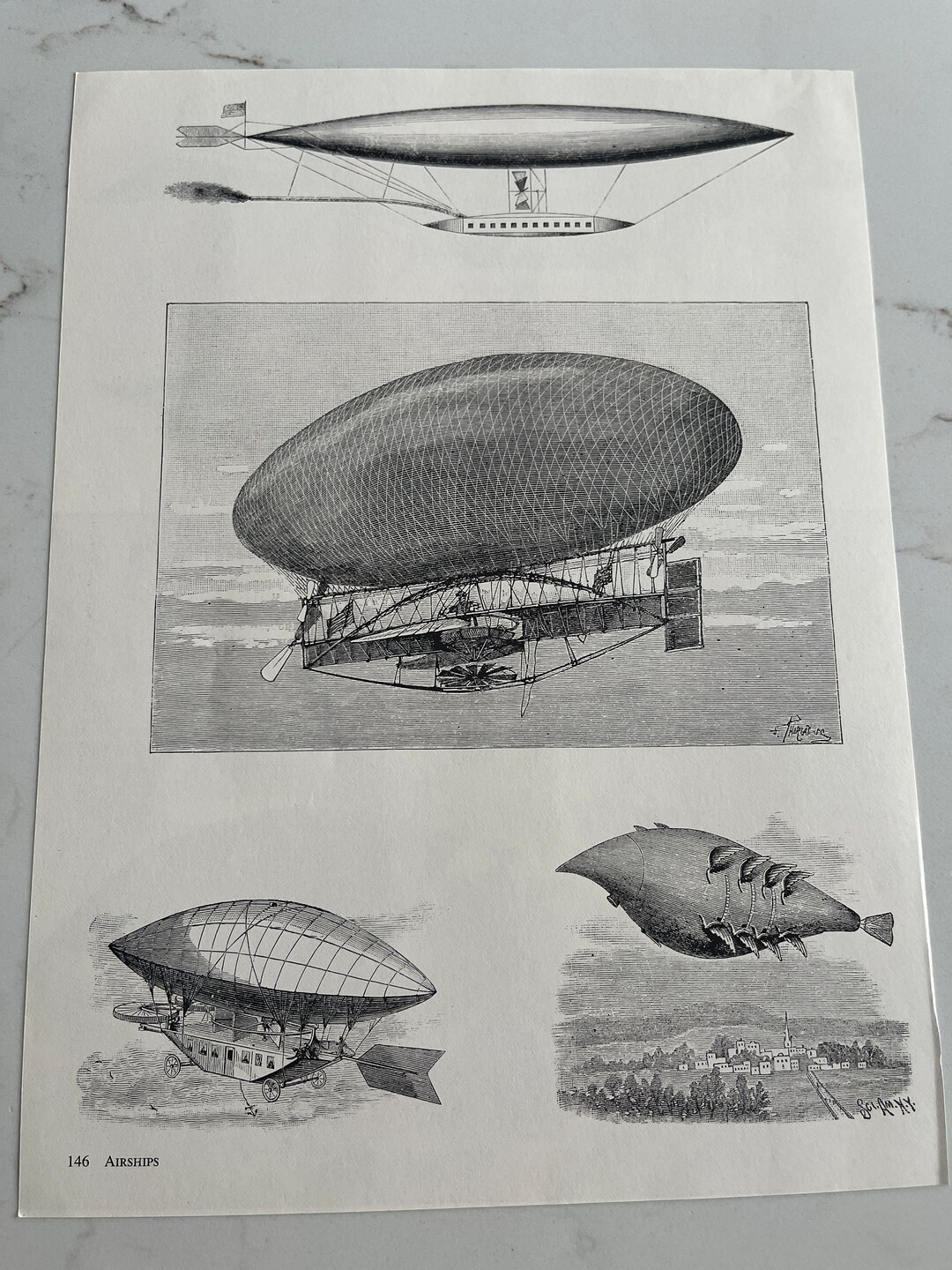 Airships, Aircraft, Landscape, Woodcut, Reprint, Transportation, 19 ...