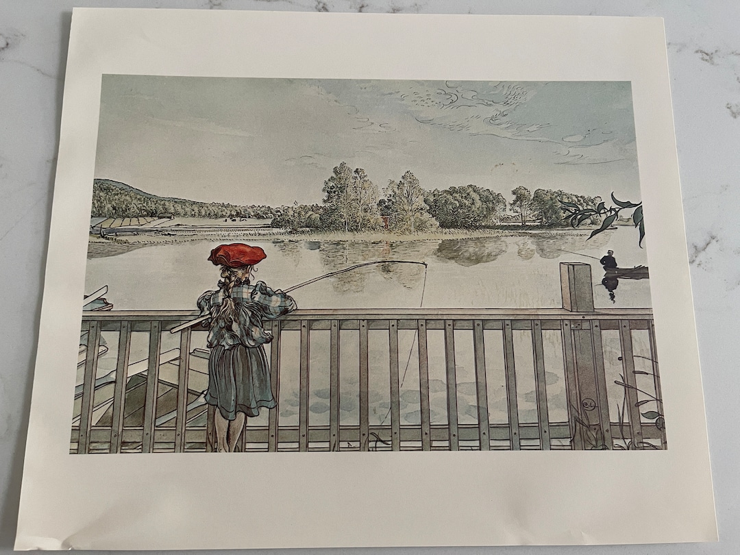 Carl Larsson, Lisbeth Angling, Fishing, Girl, River, Landscape, Poster, Painting, Book Page ...