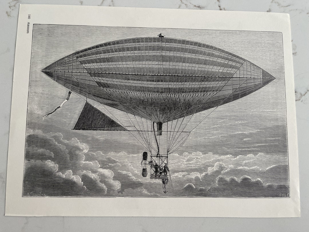 Airships, People, Fly, Vehicle, Woodcut, Reprint, Transportation, 19 ...