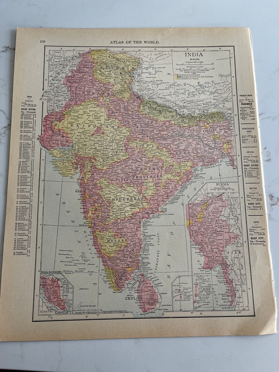 China, India, 1914, Rand-mcnally, Map, Double-sided, 14x10", Geography ...