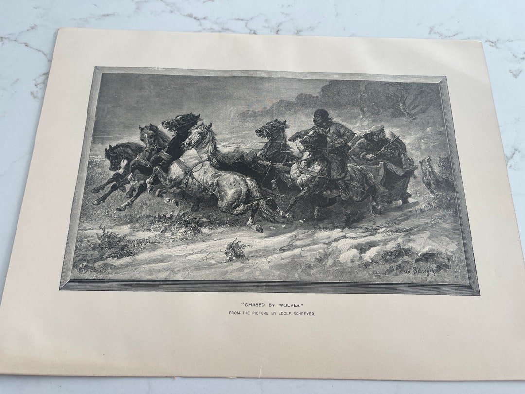 Chased by Wolves, Adolf Schreyer, Horses, Sleigh, Siberia, Book Page ...