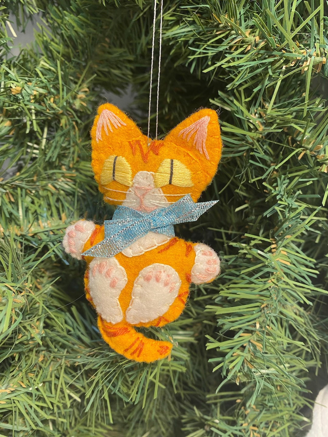 Handmade Orange Tabby Cat Ornament: Wool Felt Yellow Kitty Christmas ...