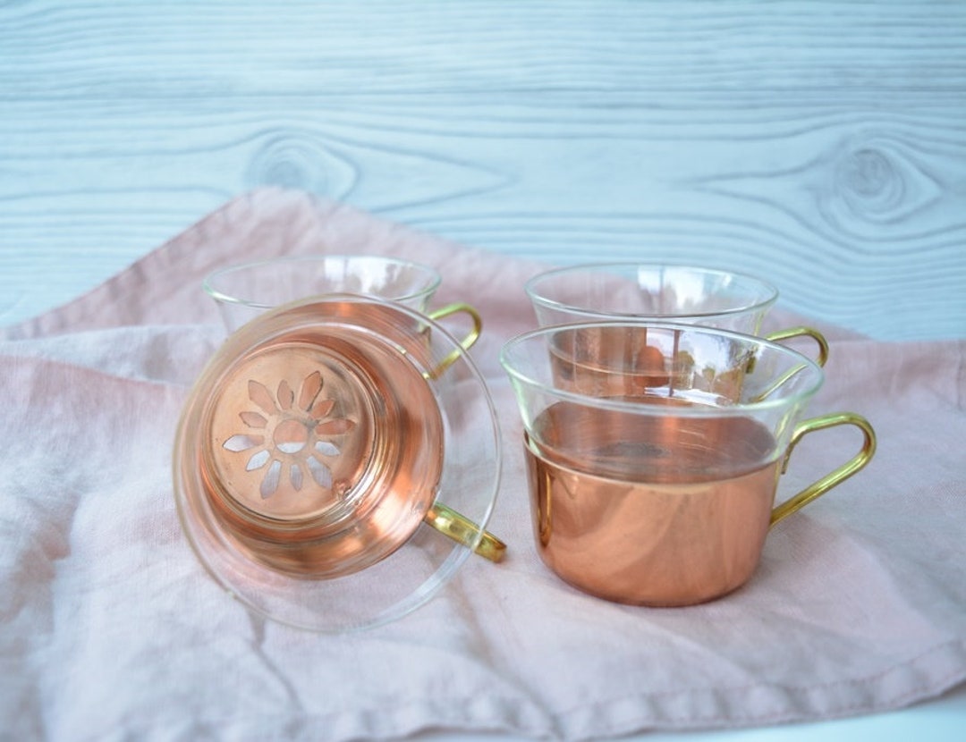 4 Tea Glasses With Copper Holder, Midcentury Punch, Grog, Punch, Mulled ...