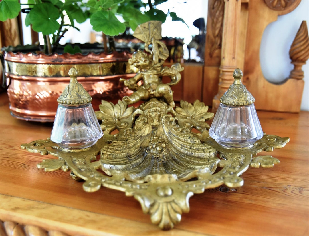 Antique Desk Tray, Organizer Brass Gothic Inkwell Glass, Ink Jar Holder ...