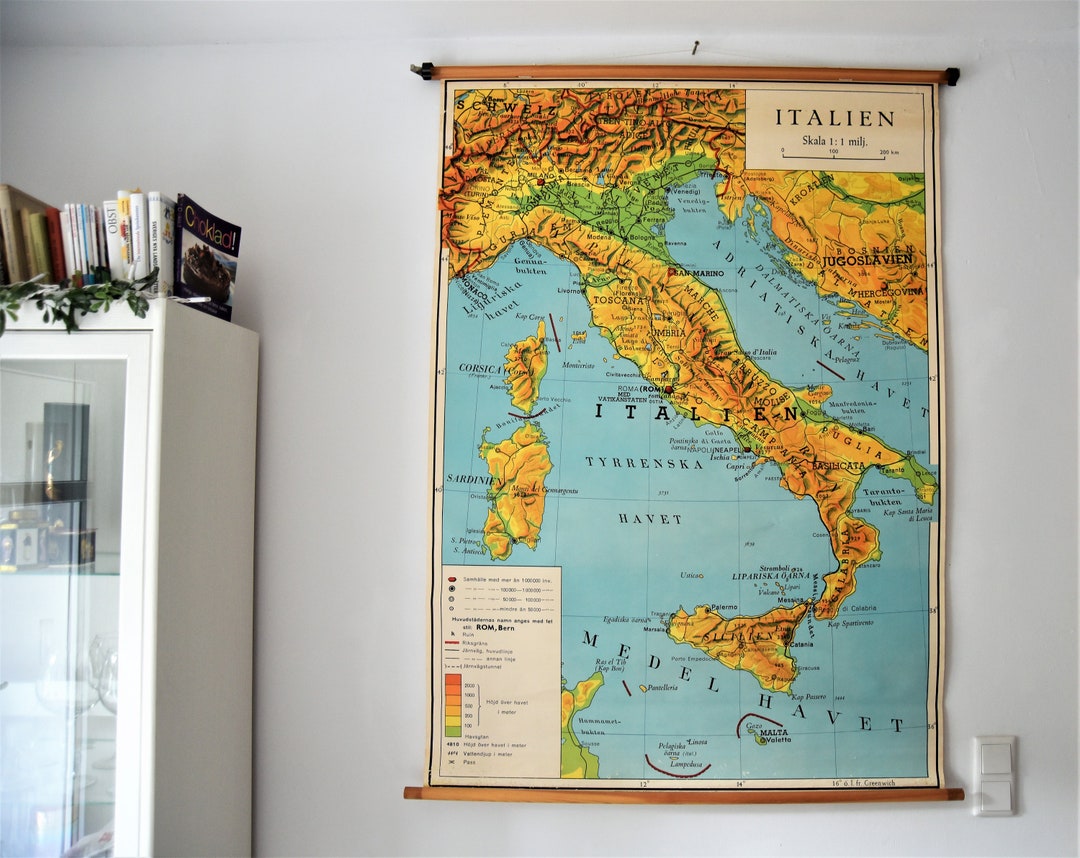 RARE Roll Map Italy, School Wall Map Geography, Teaching Map Swedish ...