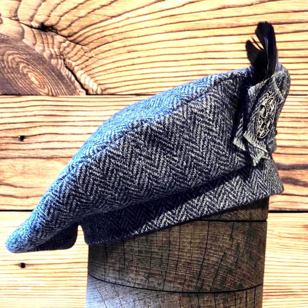 Tweed Beret Tam 0' Shanter, Celtic Pure Wool Navy Grey Herringbone ...