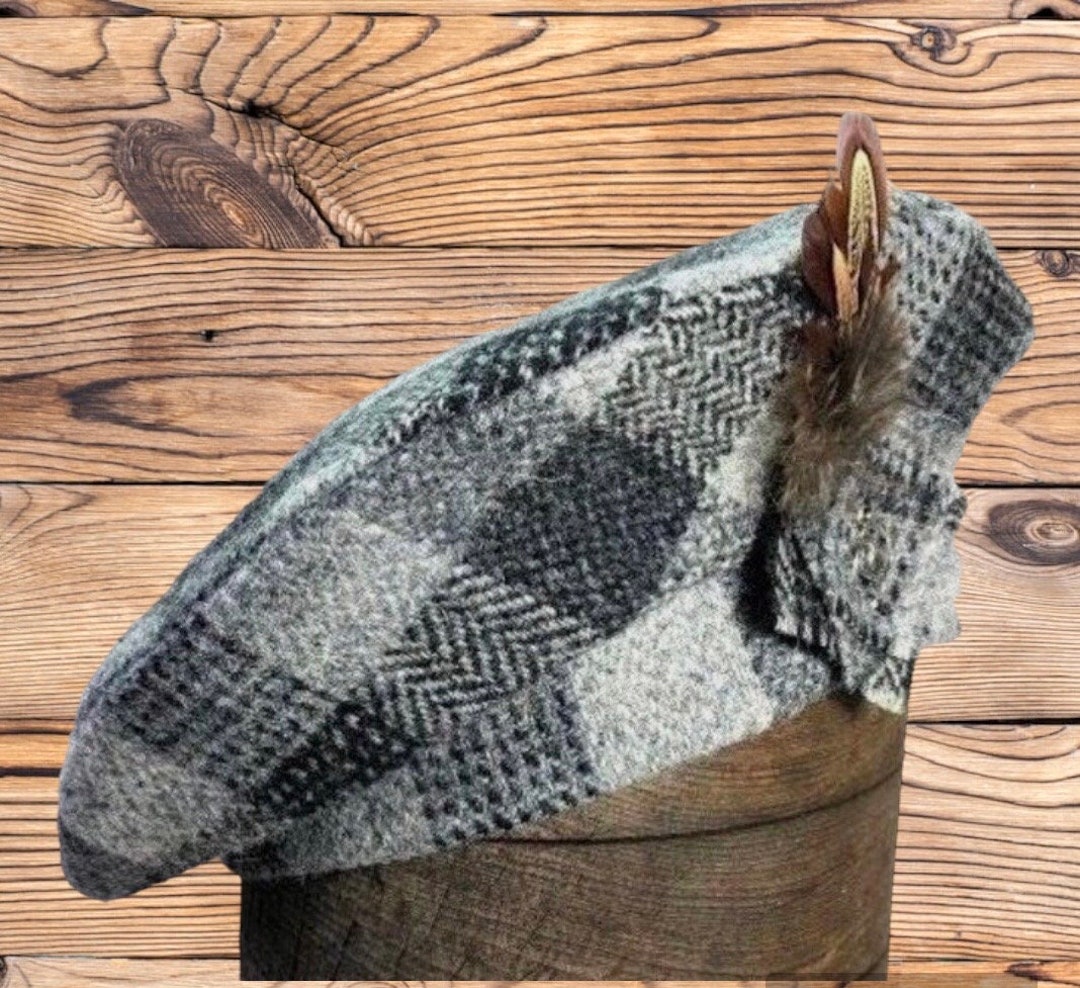 Harris Tweed® Grey Beret/tam 0' Shanter. Celtic Hat. Grey/black ...