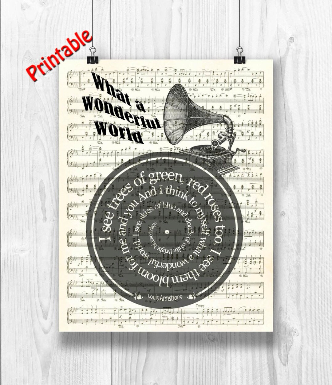 PRINTABLE Louis Armstrong 20X24'' Print, What a wonderful world, Spiral ...