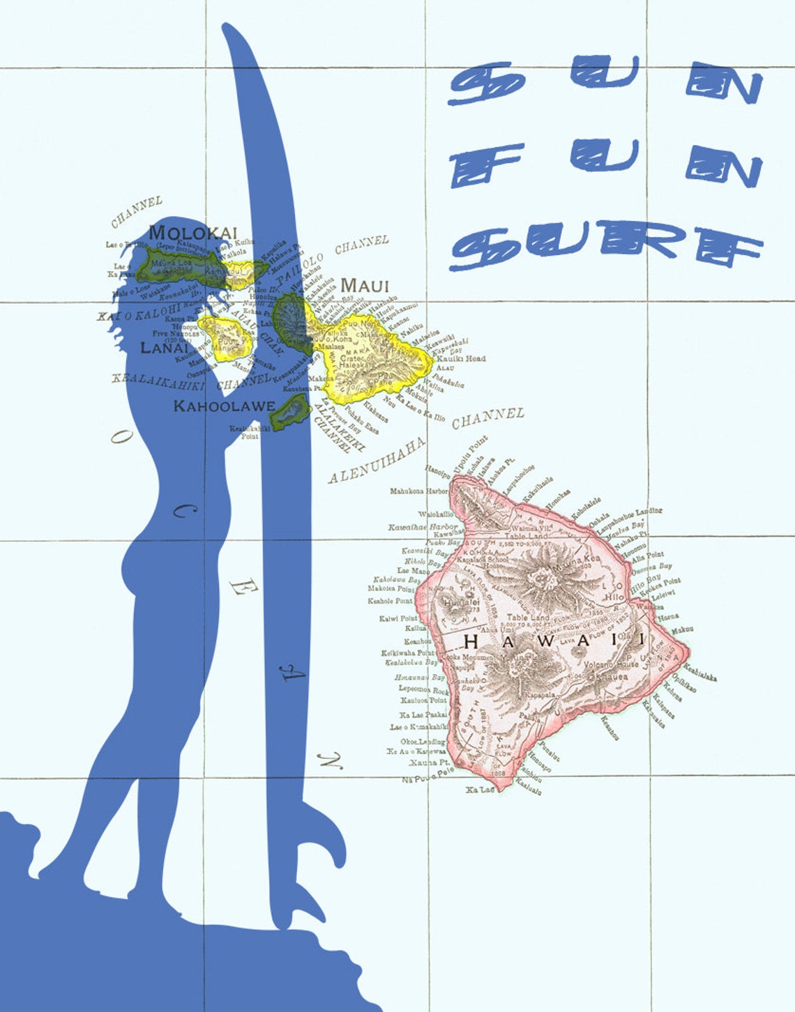 Hawaii Surf Print, Hawaii Surf Map, Surfing Art, Surf Decor, Surf Girl ...