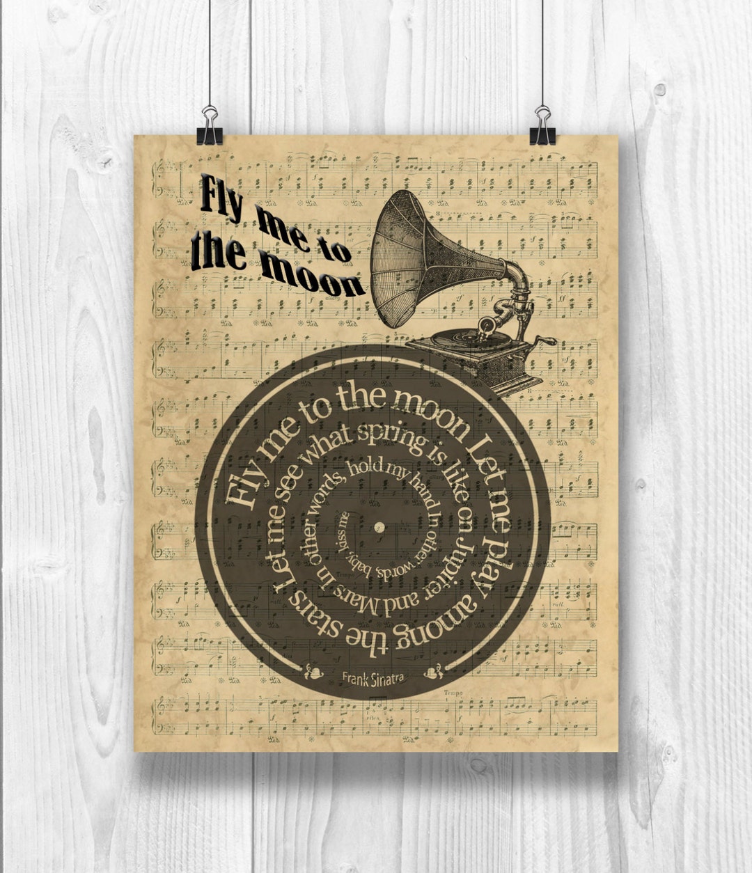 Frank Sinatra Print, Fly Me to the Moon, Lyrics in Spiral Over Sheet ...