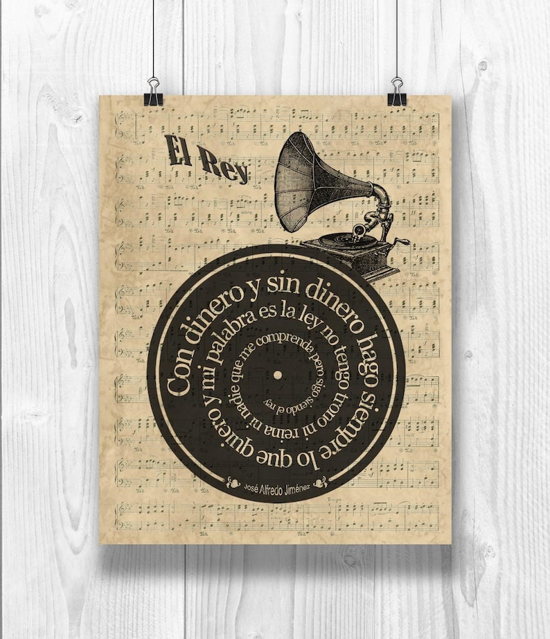 El Rey Print, El Rey Song, Lyrics Spiral Sheet Music Reproduction ...