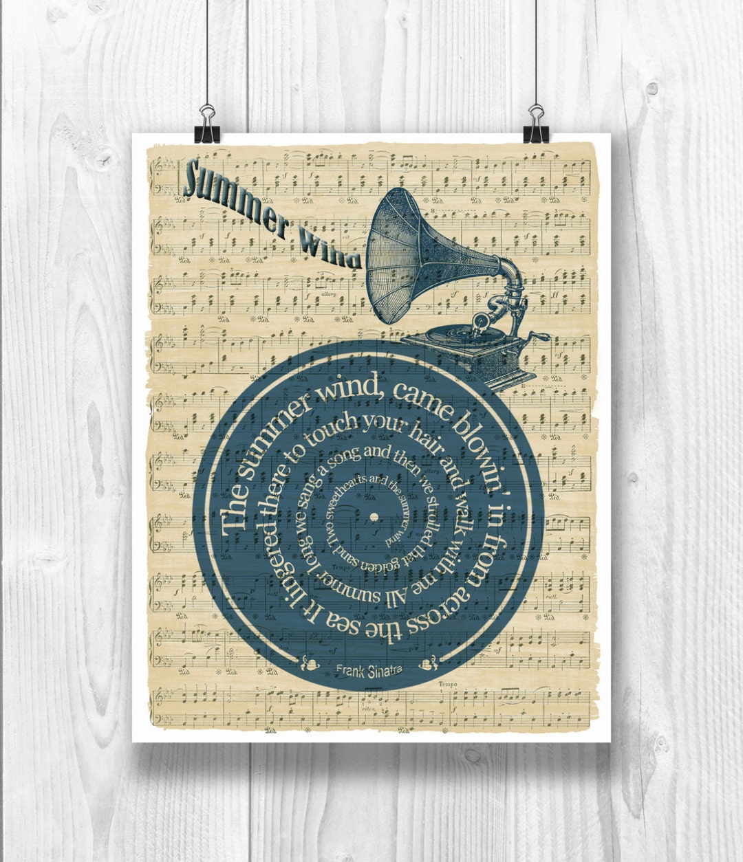 Frank Sinatra Print, Summer Wind, Lyrics in Spiral Over Sheet Music ...