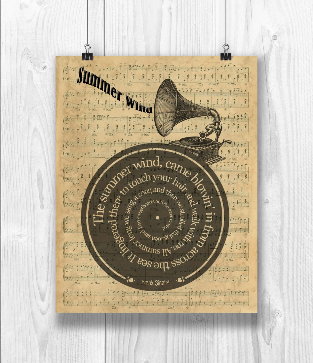 Frank Sinatra Print, Summer Wind, Lyrics in Spiral Over Sheet Music ...