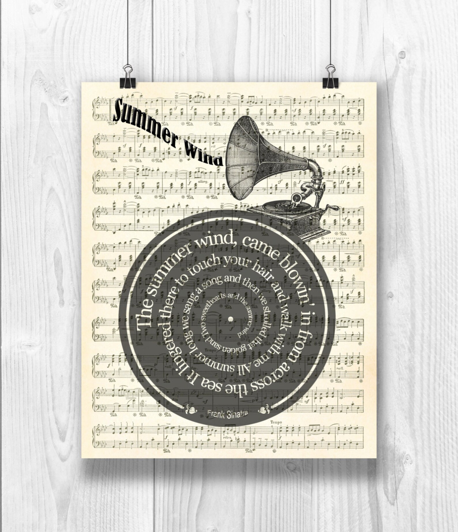 Frank Sinatra Print, Summer Wind, Lyrics in Spiral Over Sheet Music ...